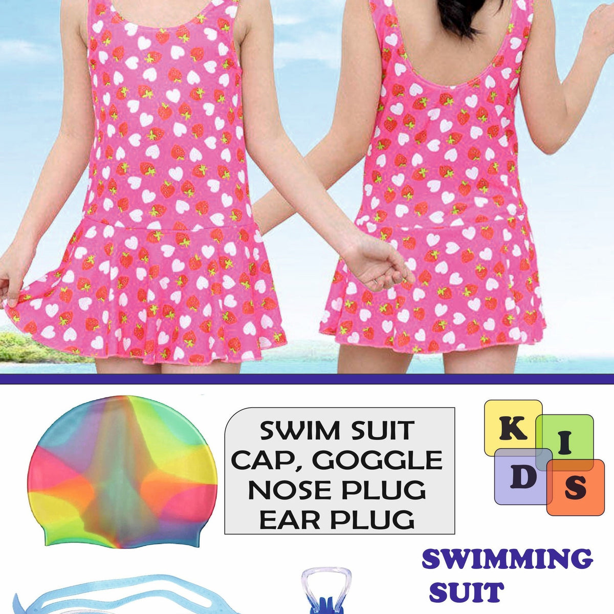 Poftik Girls Swimming Kit with Swimming Costume Swimming Goggles Silic